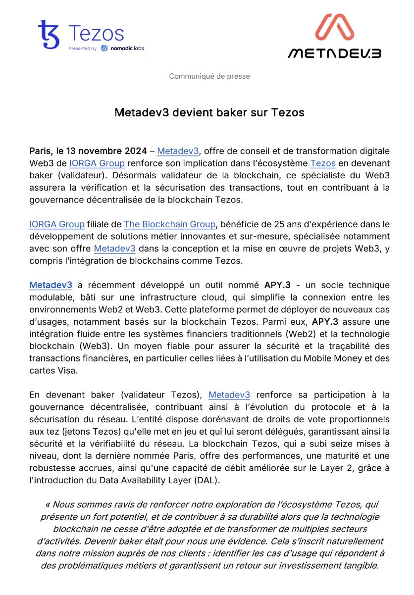 Metadev3 devient Baker sur la blockchain Tezos - IORGA Group